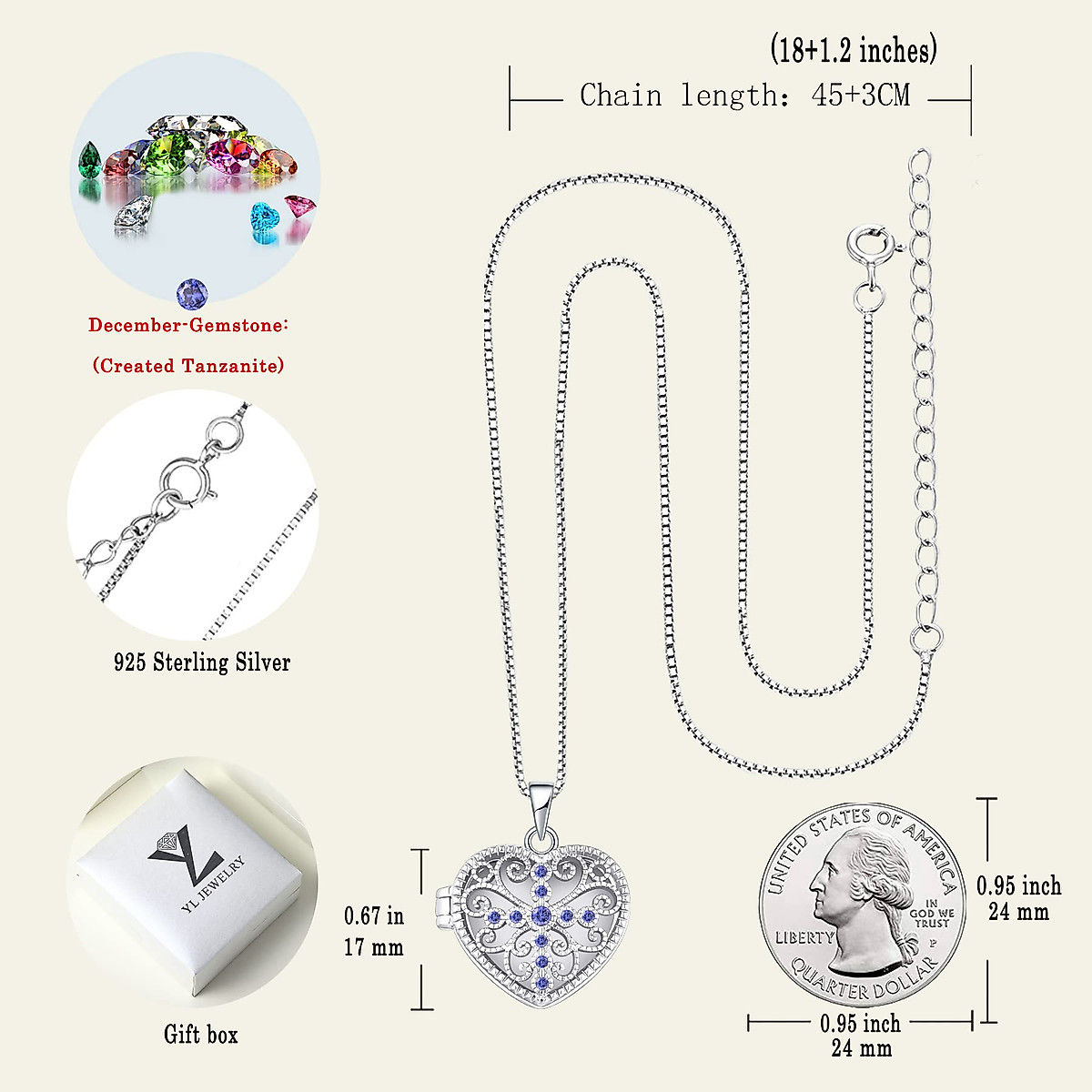 YL Cross Locket Necklace Sterling Silver Heart Pendant Created Tanzanite Filigree Jewelry for Women