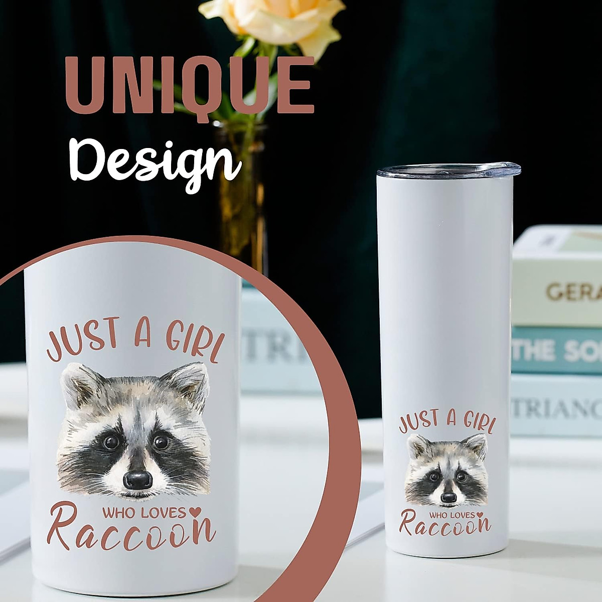 Onebttl Raccoon Gifts for Women, Insulated 20 oz Stainless Steel Skinny Tumbler with Straw, Brush, Lid, and Gifts Box, Just A Girl Who Loves Raccoon