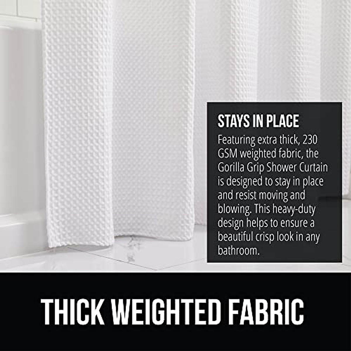 Gorilla Grip Waffle Shower Curtain, Thick Weighted Fabric, Wrinkle and Rust Resistant, Classic Hotel Quality Design, Heavy Duty Long Curtains for Bathroom Showers, Bath Tubs, Machine Wash, 72x72 White