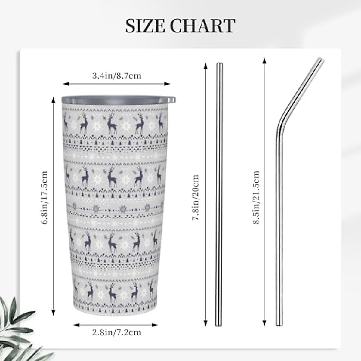 20oz Tumbler Gorgeous Deer Snowflake Double Wall Vacuum Insulated Coffee Mug with Lid and Metal Straw Brush Reusable Stainless Steel Water Bottle Travel Cup Gifts for Car Ice Drinks Hot Beverage