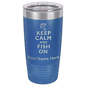 LaserGram 20oz Vacuum Insulated Tumbler Mug, Keep Calm and Fish On, Personalized Engraving Included (Dark Blue)