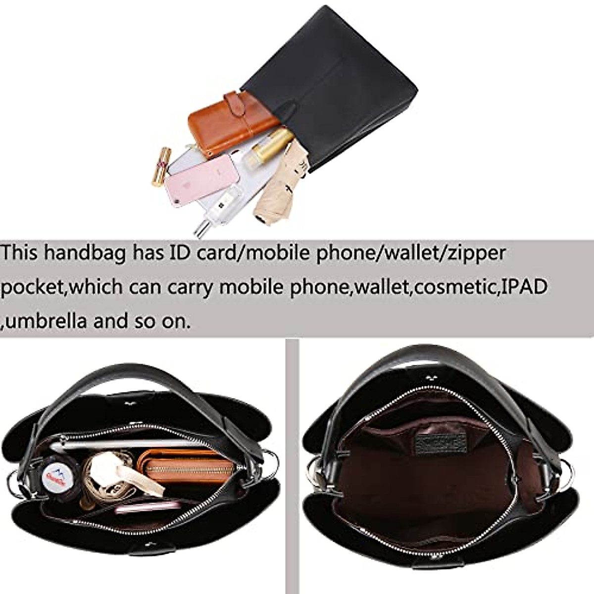 HESHE Leather Womens Handbags Tote Top Handle Bucket Bag Shoulder Bags Satchel Ladies Purses Crossbody Bag (Black-Top Grain Leather)