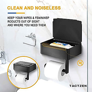 Tactzen Black Toilet Paper Holder, Flushable Wipes Dispenser Bathroom Storage Cabinet with Toilet Roll Holder with Phone Shelf,Stainless Steel Wall Mount Bathroom Organizer (Black-Plane)