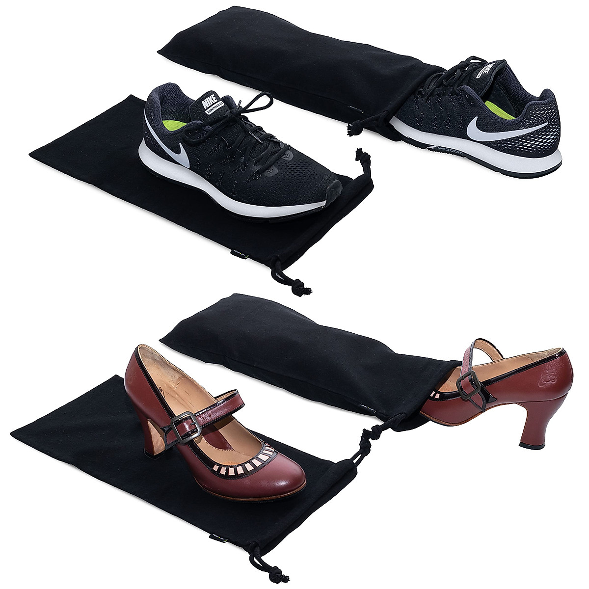 Shoe Dust Bags - 4 Pack Black Duster Flannel Single Shoe Pouch with Drawstring Closure, Washable Breathable Cotton Fabric Cloth for Travel, Home, Luggage, Handbags, Storage, Accessories - 8x17