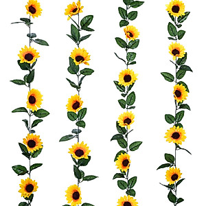 Lvydec 4 Pack Artificial Sunflower Garland - Silk Sunflower Vine Artificial Flowers Garland with Green Leaves for Wedding Party Table Decoration
