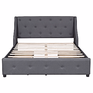 BIADNBZ Queen Size Upholstered Platform Bed with Linen Fabric, 4 Storage Drawers and Wingback Tufted Headboard, No Box Spring Need, Gray