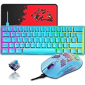 SELORSS ZIYOULANG T60 60% Compact Mechanical Gaming Keyboard RGB Chroma Type C Ergonomic Mini Keyboard UK Layout 12000DPI Gaming Mouse Honeycomb Shell for PC/PS4/PS5/Xbox(Blue Switch)