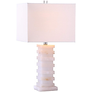 SAFAVIEH Lighting Collection Cinder Farmhouse Beige/ White Alabaster 25-inch Bedroom Living Room Home Office Desk Nightstand Table Lamp (LED Bulb Included)