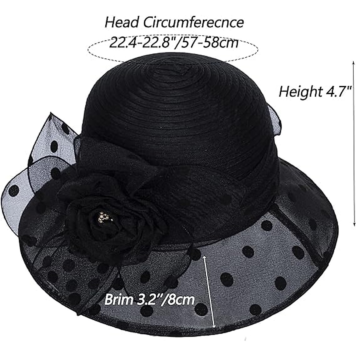 Dots-Organza Flower Band Wide Brim Sun Hat for Women French Straw Party Hat Bridal Wedding Fascinator Black