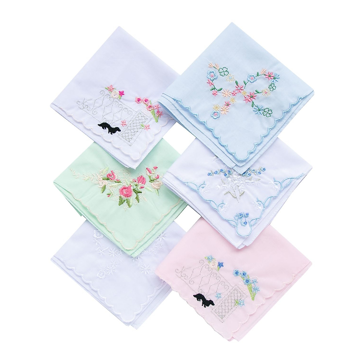 Assorted Ladies Novetly Embroidered Cotton Soft Handkerchiefs Scalloped Hankies 6PCS