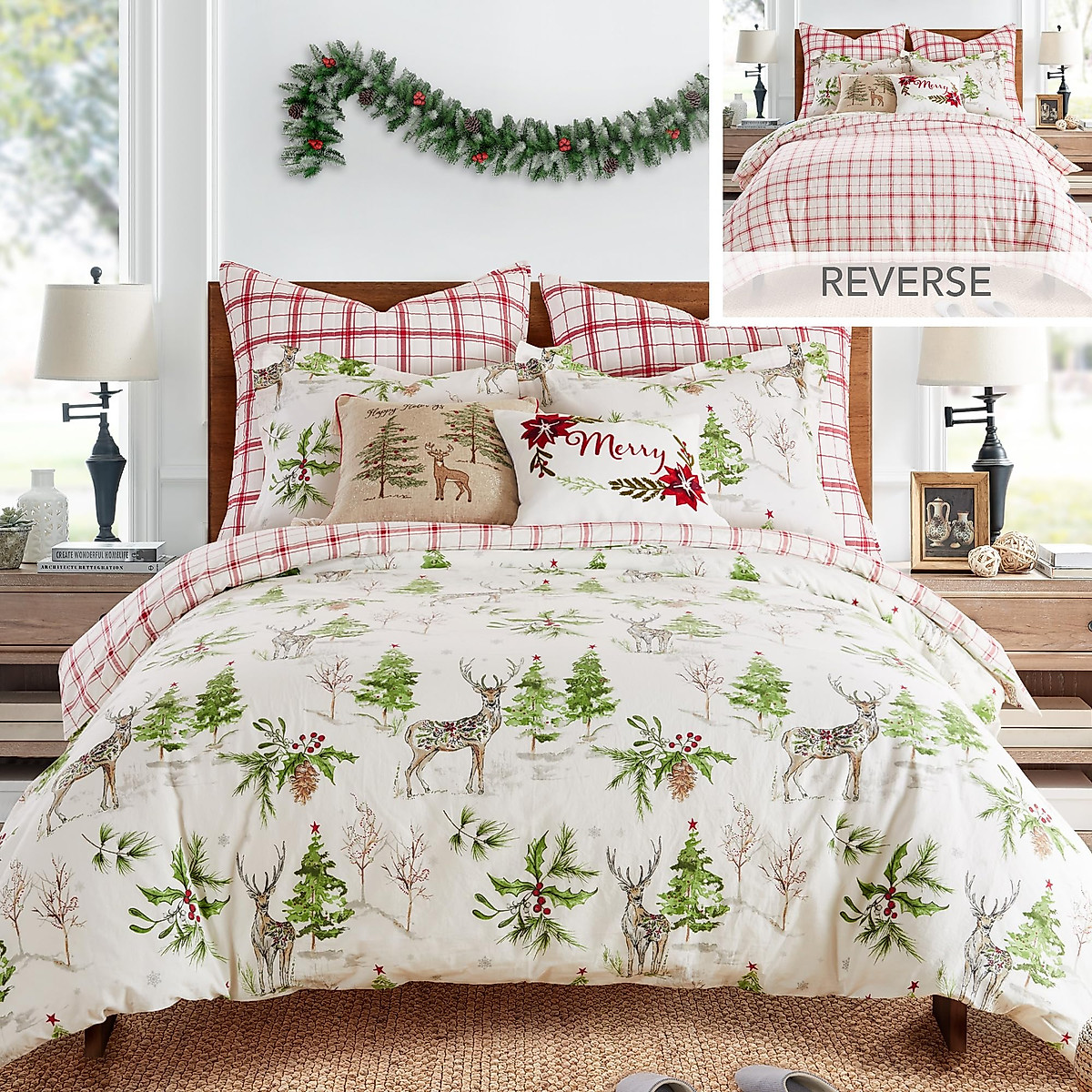 Levtex Home - Sleigh Bells Duvet Cover Set - King Holiday Duvet Cover 106x94 and Two King Pillow Cases 20x36 - Christmas Tree and Reindeer - White Green and Red - Cotton