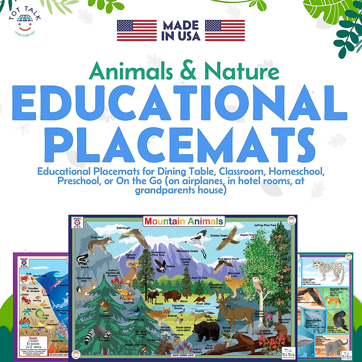 Tot Talk Mountain Animals Educational Placemat for Kids – Made in USA – Durable, Double-Sided, Learning Placemat with Mountain Wildlife & Nature Facts & Coloring– Waterproof, Wipeable, 17.5” x 11.5”