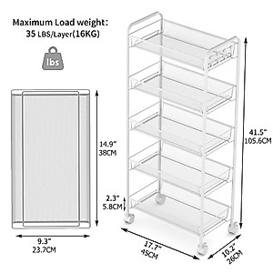 JANE EYRE 5-Tier Rolling Utility Storage Rack Cart on Wheels, Trolley Craft cart, Multi-Purpose Organizer Shelf, White