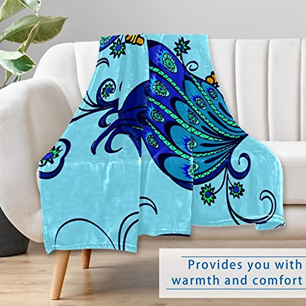 Plush Blanket Throw Blanket Warm Cozy Soft Microfiber Blankets, Blue Peacock Cartoon Retro Pattern