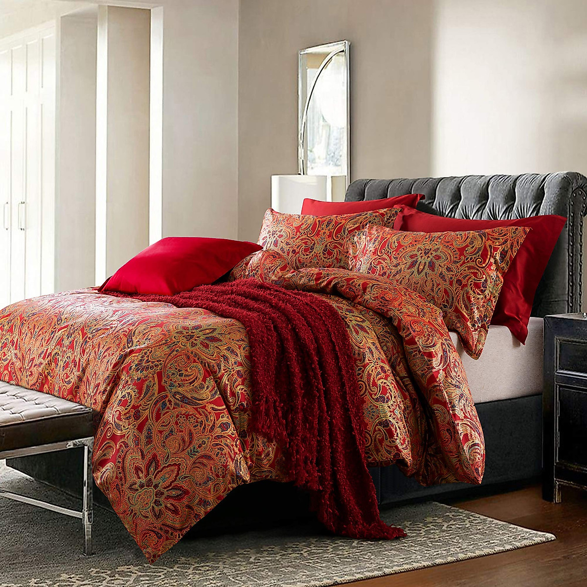 Classical Paisley Duvet Cover 3pc Set Bohemian Bedding Boteh Damask Medallion 400TC Egyptian Cotton Sateen Luxury European Traditional Style Bed Linen (Red Gold, King)