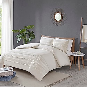 Madison Park Amaya 100% Cotton Duvet Set - Seersucker Design with Tassel Trims Accent, Breathable Cover for Comforter, All Season Bedding with Matching Sham, Full/Queen(90"x90") Ivory 3 Piece
