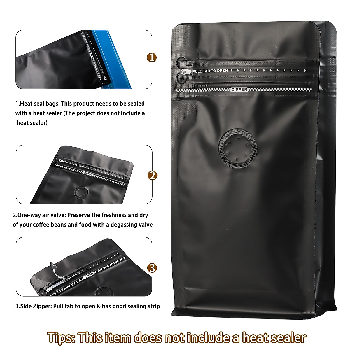 EIOFG Packaging Coffee Bags with Valve(8oz/ 0.5lb, 100PCS), High Barrier Flat Bottom Stand Up for Coffee Bean Storage, Heat Sealable Resealable Bags for Small Business Home, Store (Black)