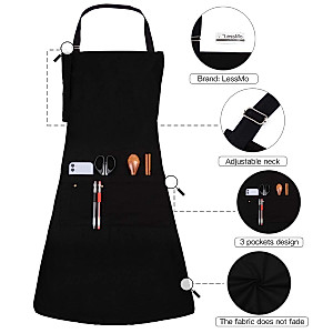 LessMo Bib Apron, Canvas Cotton Cooking Aprons for Women Men, Adjustable Neck Strap with 3 Pockets, 100% Cotton, Professional Quality 70 x 85 cm, for Chef Restaurant, Kitchen, BBQ (Black)