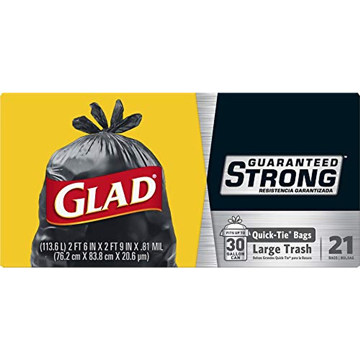 GLAD Strong Quick-Tie Large Trash Bags, 30 Gallon Bags for Large Kitchen Trash Can, 21 Count (Package May Vary)