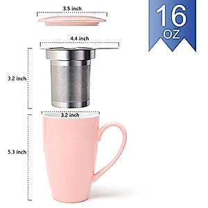 amhomel Porcelain Tea Mug with Infuser and Lid, 16 Ounce Ceramic Tea Cup for Loose Leaf, Coffee, Cocoa and Milk, Tea Gift for Tea Lovers, Set of 2(Pink and White)
