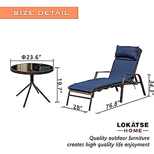 LOKATSE HOME 3 Pieces Outdoor Patio Chaise Lounges Chairs Set Adjustable with Folding Table, Dark Blue Cushions