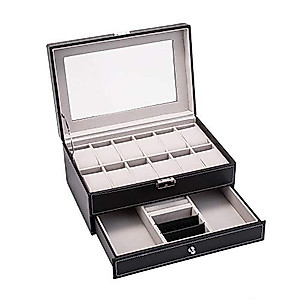 Knocbel 12 Slots Watch Box Organizer Jewelry Display Case with 1 Drawer, Metal Lock, Glass Top & Removable Velvet Pillows (Black Leather)