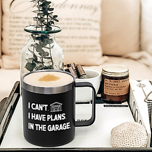 LiqCool Birthday Gifts for Men, I Can't I Have Plans in The Garage 12 Oz Insulated Coffee Mug, Mens Birthday Gift ideas, Christmas Birthday Father's Day Gifts for Men Husband Friends (Black)