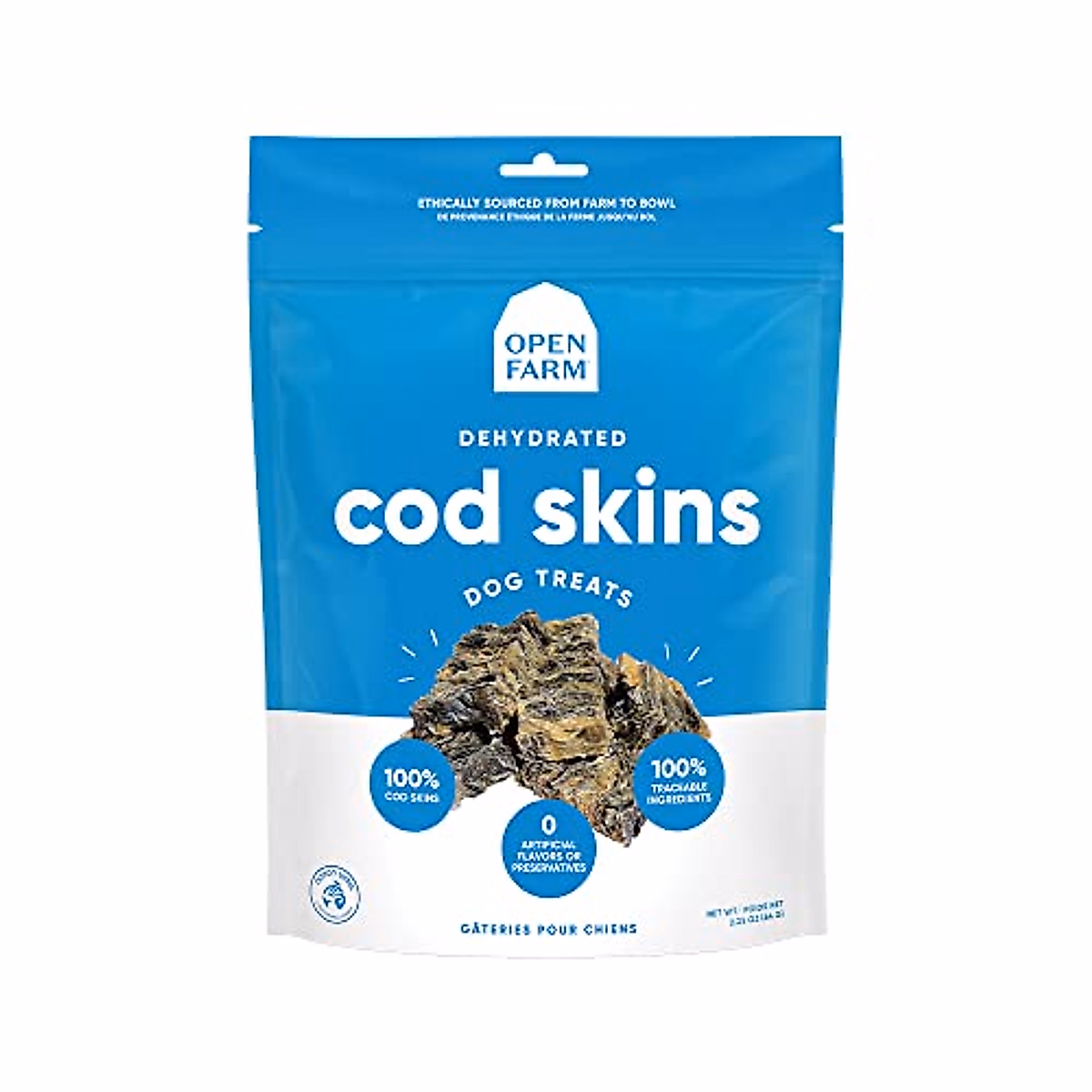 Open Farm Dehydrated Cod Skin Grain-Free Dog Treats, One-Ingredient Gently Cooked Pacific Fish Recipe with No Artificial Flavors or Preservatives, 2.25 oz