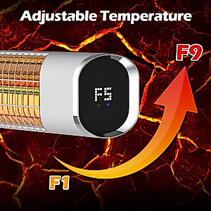 Infrared Patio Heater Electric Outdoor Heater 3s Instant Warm Quiet Gold Tube with 9 Level Temperature Remote Control 24-Hour Timer LED Display, Wall-Mounted for Room, Garage, Courtyard