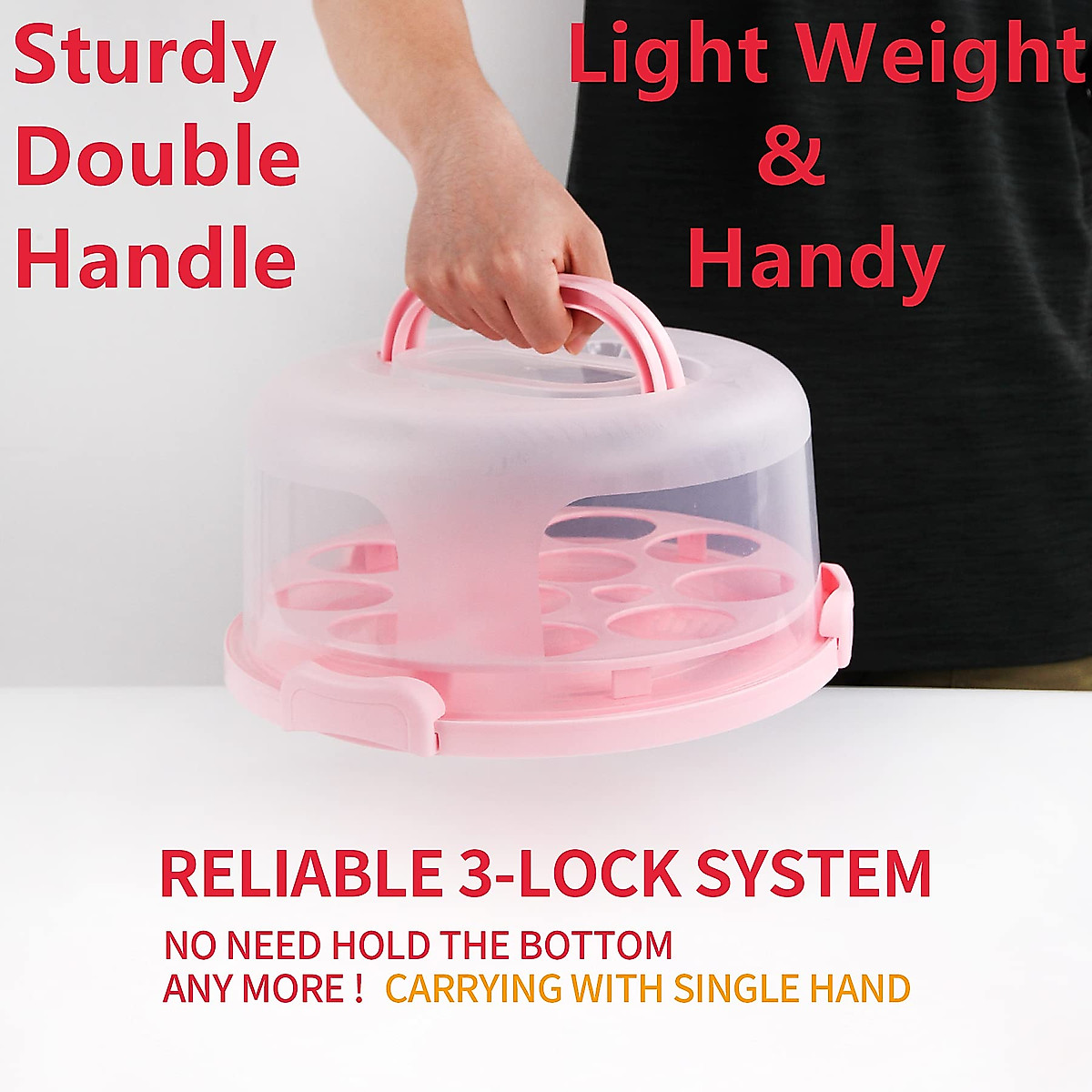 HOYA PONYOO Portable Cake Carrier with Handle, Round Cupcake Holder with Lid, Plastic Storage Container Box fit 10 inch Cake, 3-Locking Muffin and Pies Keeper with Cover (Pink)