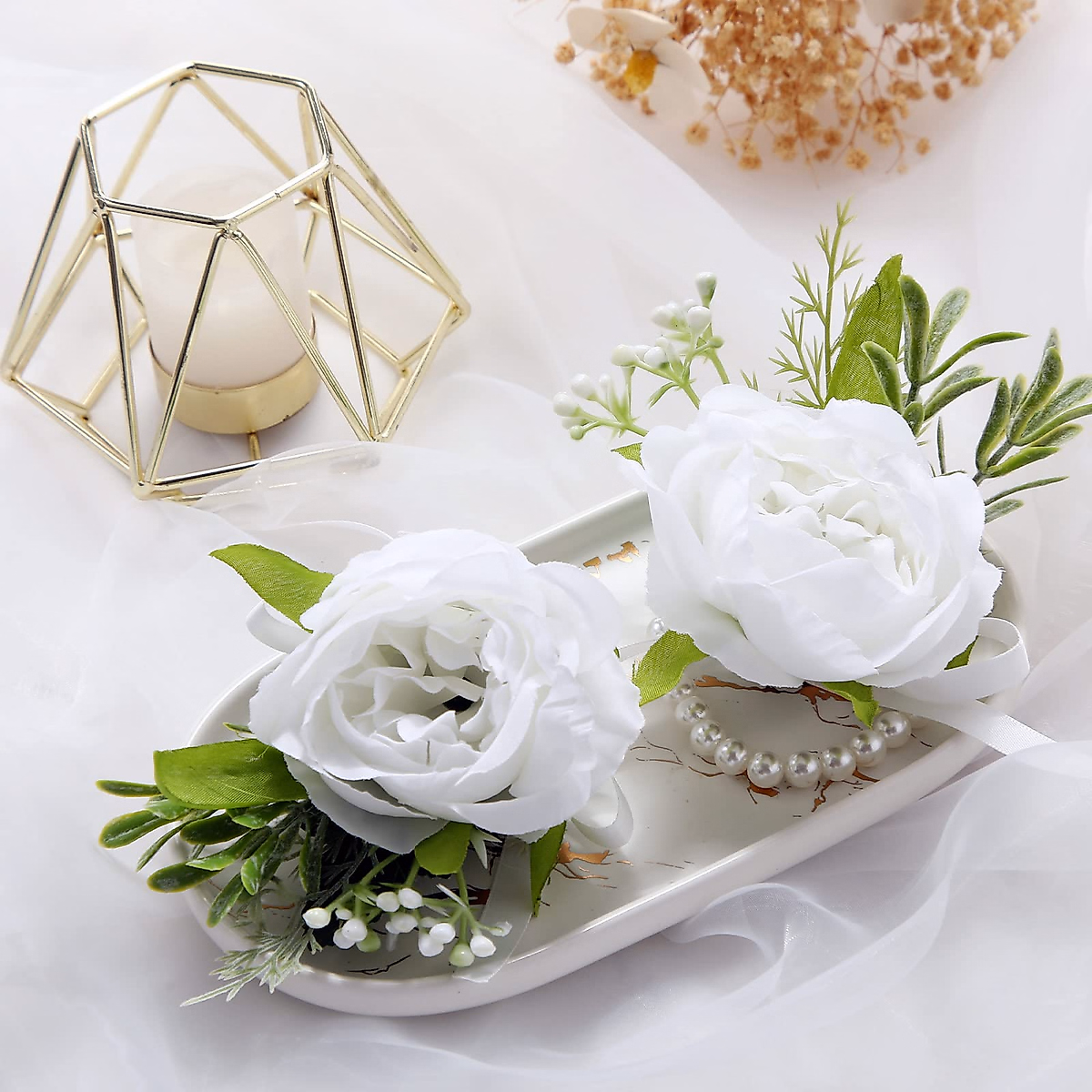 Jexine 12 Pcs Rose Wrist Corsage Wristlet Band Bracelet and Men Boutonniere Set White Flower Corsage Wrist Flowers and Boutonniere Buttonholes for Wedding Flowers Accessories Decor