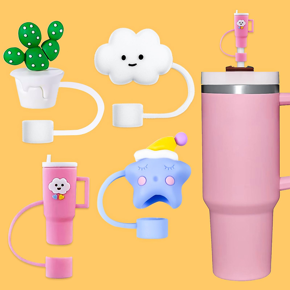 4Pcs Straw Cover for Stanley Cup&Simple Modern 40 oz Trek Tumbler,Mix Straw Tip Covers, Dust-Proof Straw Cap Toppers, Reusable Silicone Soft Protector Cover for 0.4 inch/10mm Straws