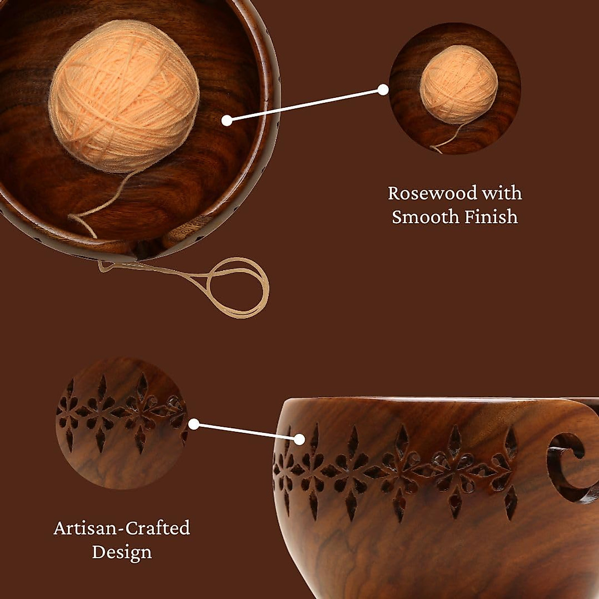 Vriksha Kraft Wooden Yarn ball holder – Large Yarn Bowl for Crocheting (7x4) – Crochet Bowl with Carved Holes – Handmade Knitting Storage Bowl – Crafting Gifts for Women and Wife