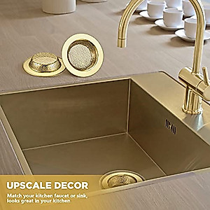 2 Pcs Sink Strainer Stainless Steel Sink Drain Basket Cover Mesh Metal Food Catcher Kitchen Sink Accessories for Hair Garbage, Large Wide Rim of 4.4 Diameter (Gold,2mm Dia Hole Style)
