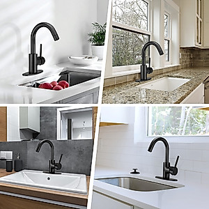 PHICHI Matte Black Bar Sink Faucet, Single Handle 1 Or 3 Hole Stainless Steel Gooseneck Faucets for Bathroom Outdoor with Hot & Cold Water Supply Lines