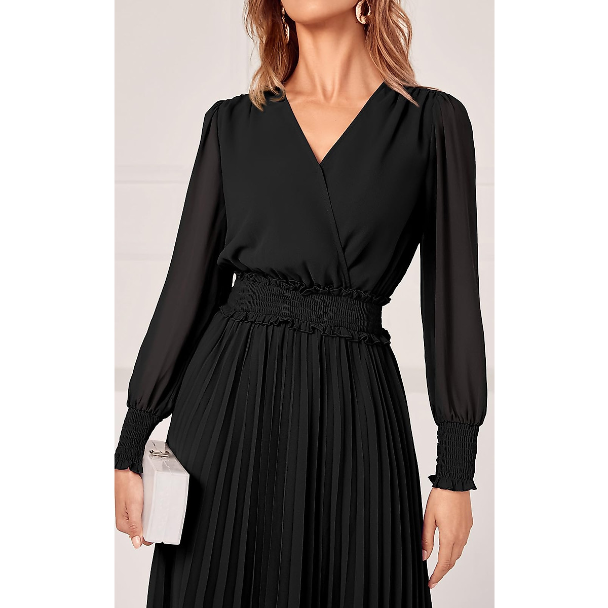 PRETTYGARDEN Wrap V Neck Spring Dresses for Women 2024 Long Sleeve Smocked Wedding Guest Dresses Flowy Pleated Midi Dress (Black,X-Large)