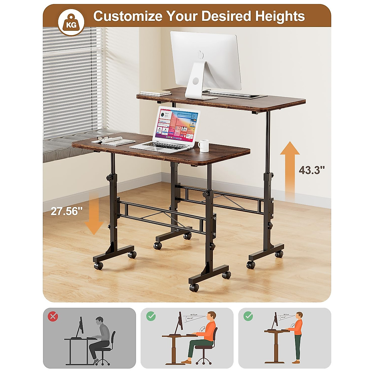 Small Standing Desk Adjustable Height, Mobile Stand Up Desk with Wheels, 32 Inch Portable Rolling Desk Small Computer Desk, Portable Laptop Desk Standing Table Rustic