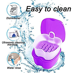 Colorful Denture Bath Case with Brush, Denture Cup Soaking Holder False Teeth Container Mouth Guard Storage Case Cleaning with Lid Waterproof - Purple