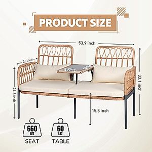 HOMEZILLIONS Outdoor Loveseat 2 Pieces Patio Furniture Set, Porch Furniture Wicker Large Loveseats, Patio Conversation Sets with Cushions & Lumbar Pillows and Built-in Table
