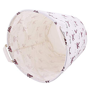 Jacone Large Laundry Basket Canvas Fabric Waterproof Cylindric Laundry Hamper Storage Basket with Handles, Decorative and Convenient for Kids Bedroom (Bowknot)