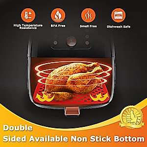 Reusable Air Fryer Silicone Liners Set, 8.5in Non Stick Perforated 5.8qt Air Fryer Accessories with Magnetic Cheat Sheet Deep Fryer Parts Replace Parchment Paper Easy Clean, 3 Pcs Square