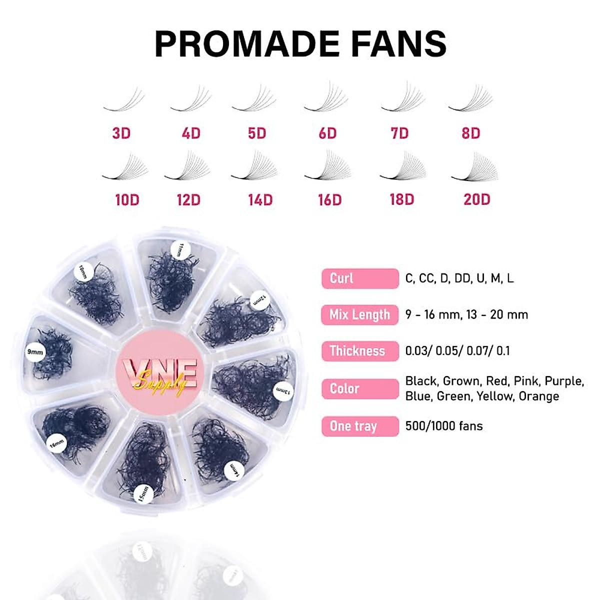 VNE Eyelashes 500 Fans Tray Volume Lash Extensions Mixed length | Premade Fans Eyelash Extensions | Mega Lash Extension | Promades Eyelash Fans | 3D, CC Curl, 9-16mm,