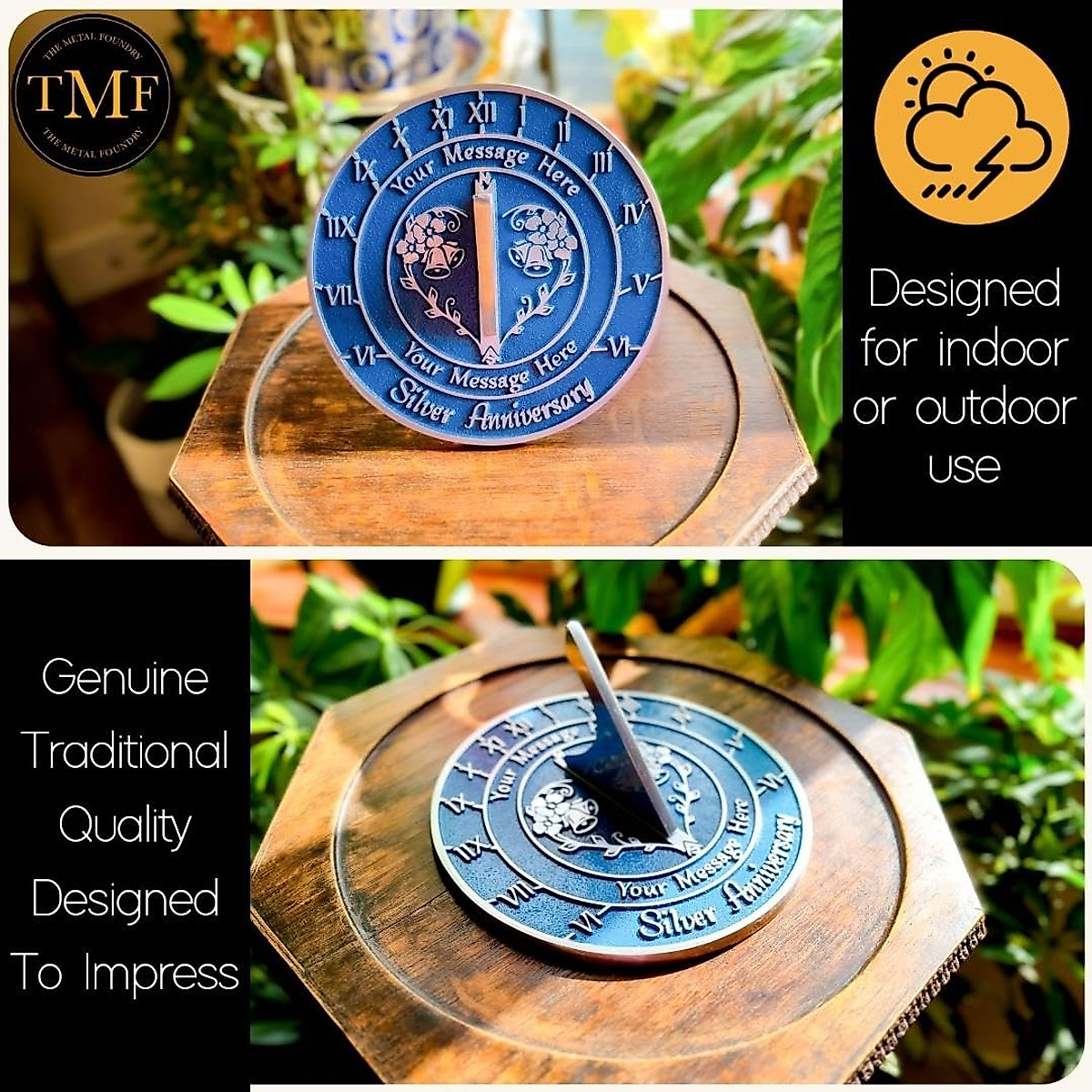 The Metal Foundry Personalized Silver 25th Large Sundial - Recycled Solid Metal UK Manufactured Home Decor Or Garden Present Idea for Parents, Friends Or Couple On 25 Years Marriage