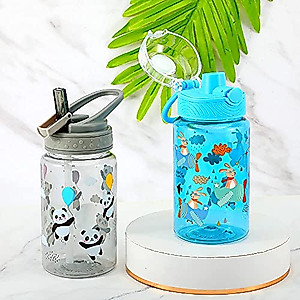 Home Tune 16oz Kids Water Drinking Bottle - Tritan BPA Free, Auto Flip Chug Lid, Sip Straw Lid, Carry Loop, Lightweight, Leak-Proof, Cute Design For Girls & Boys - 2 Pack Panda & Airplane