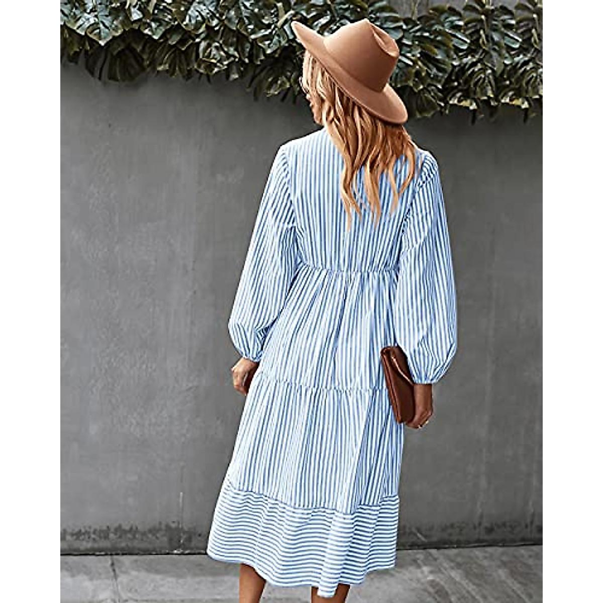 YOXUA Women's Striped Shirt Dresses Stand V Neck Midi Dress Pleated Ruffle Casual Long Sleeve Dress