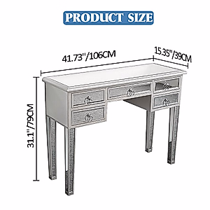 MTFY Mirrored Console Table with 5 Drawer, Silver Mirrored Makeup Dressing Table Vanity Desk, Modern Writing Desk Media Table for Bedroom Living Room Home Office