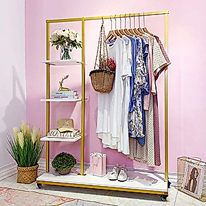 FONECHIN Metal Clothes Garment Racks with 4 Wood Storage Shelves and Hanging Bar Heavy Duty Free Standing Clothing Rack Large Closet Organizer for Boutique 47"