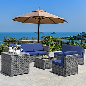 Tangkula 8 PCS Outdoor Patio Furniture Set, Rattan Wicker Sofa Set, Sectional Sofa Couch Conversation Set w/Storage Table and 12 Zippered Cushions for Garden Backyard Poolside (Navy)