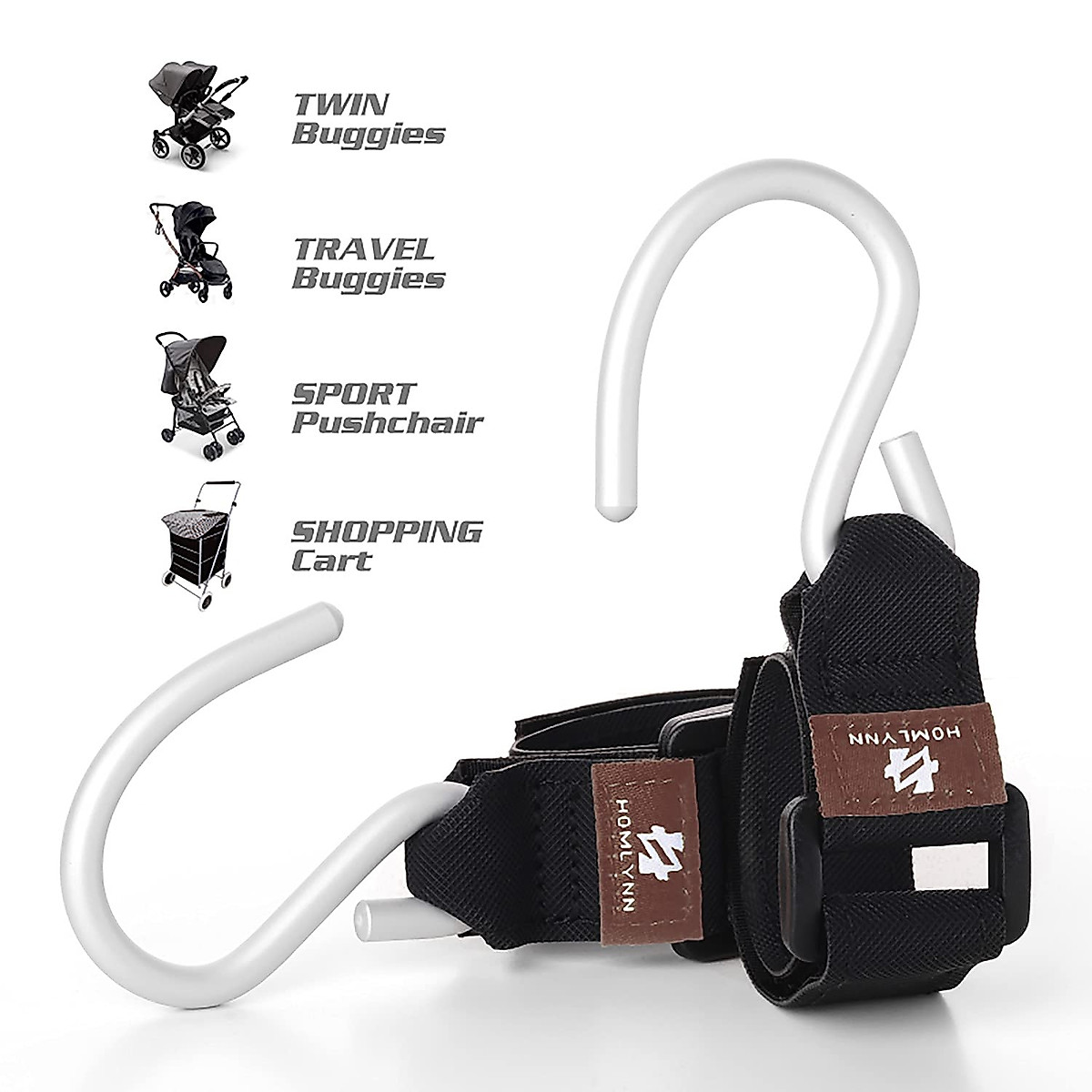 Homlynn Baby Stroller Hooks Diaper Clip Straps Stroller Accessory Baby Buggy Hooks, Premium Leather Hooks for Shopping Cart, Stroller, Rollator, Baby Walker(2 Pack,Brown)