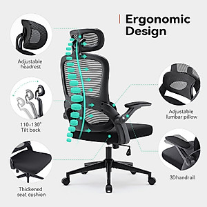 SIHOO M102C Ergonomic Mesh Office Chair, High Back Desk Chair with 3D Armrests, Up&Down Lumbar Support, Swivel Computer Task Chair with Adjustable 2D Headrest, Tilt Function Black
